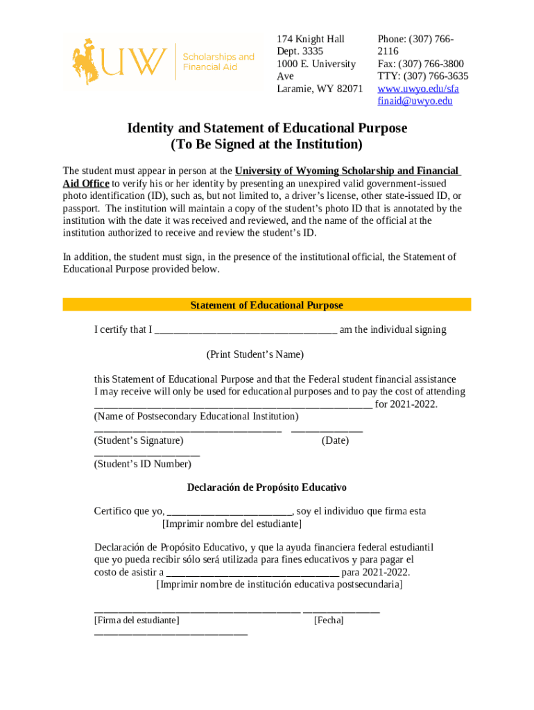 2022-2023 Identity and Statement of Educational Purpose (To Be Signed ...