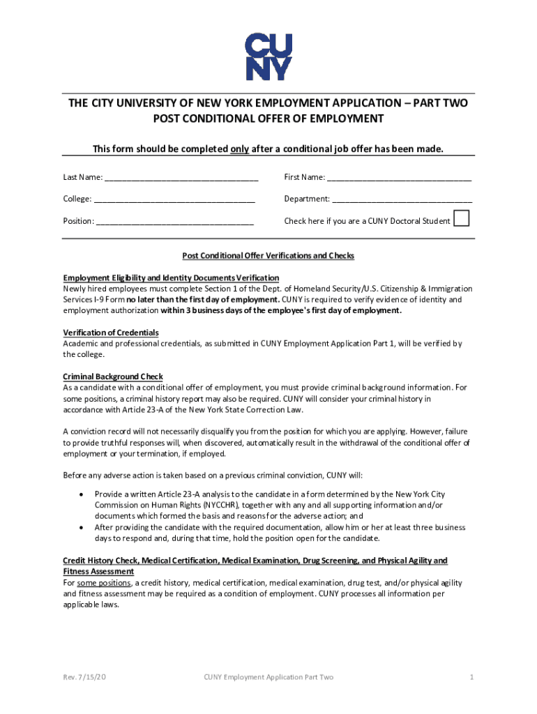 Fillable Online THE CITY UNIVERSITY OF NEW YORK EMPLOYMENT APPLICATION ...