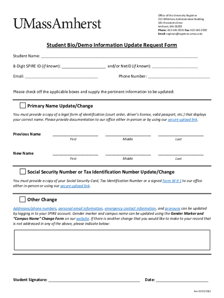 Fillable Online Student Bio/Demo Information Update Request Form Fax ...