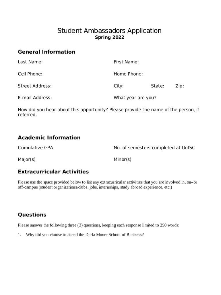 Student Ambassador Application - My Moore School University of South ... Doc Template | pdfFiller