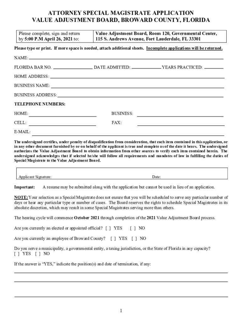 Fillable Online ATTORNEY SPECIAL MAGISTRATE APPLICATION VALUE ...