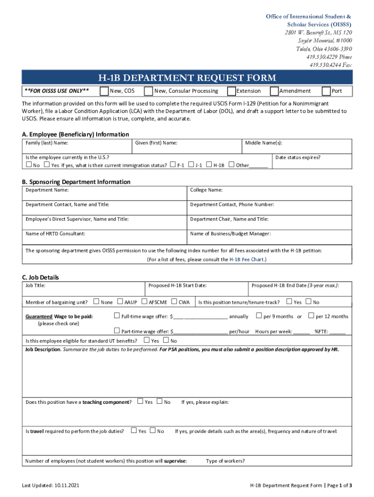 Fillable Online H-1B DEPARTMENT REQUEST FORM Fax Email Print - pdfFiller