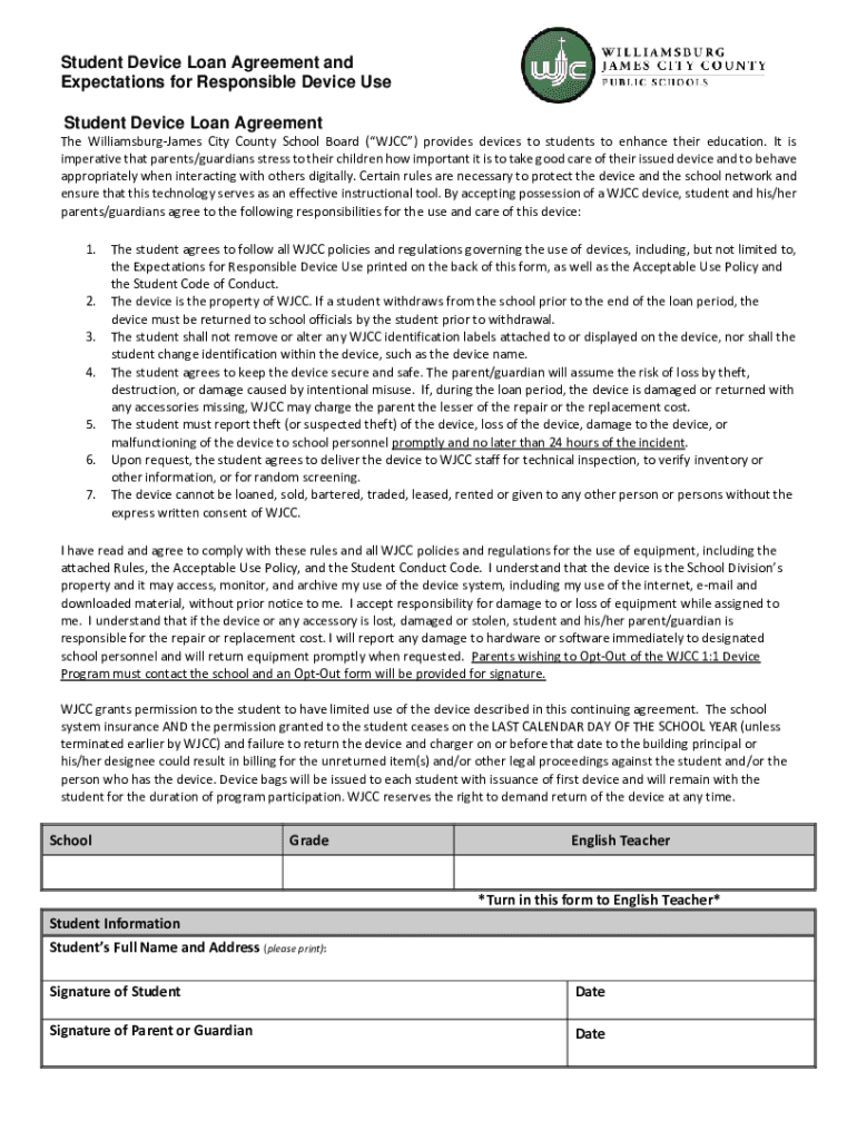 Fillable Online Student Device Loan Agreement and Expectations for ...