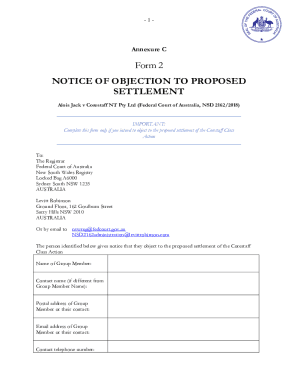 Fillable Online Form 2 NOTICE OF OBJECTION TO PROPOSED SETTLEMENT Fax ...