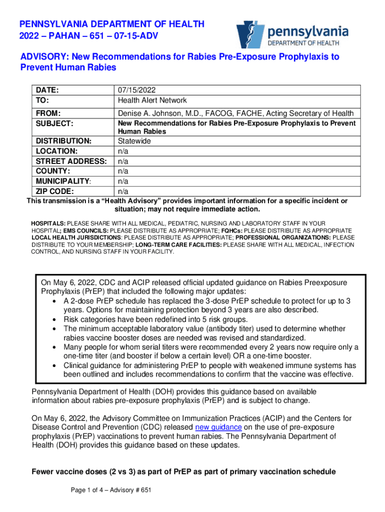 Fillable Online ADVISORY: New Recommendations for Rabies Pre-Exposure ...