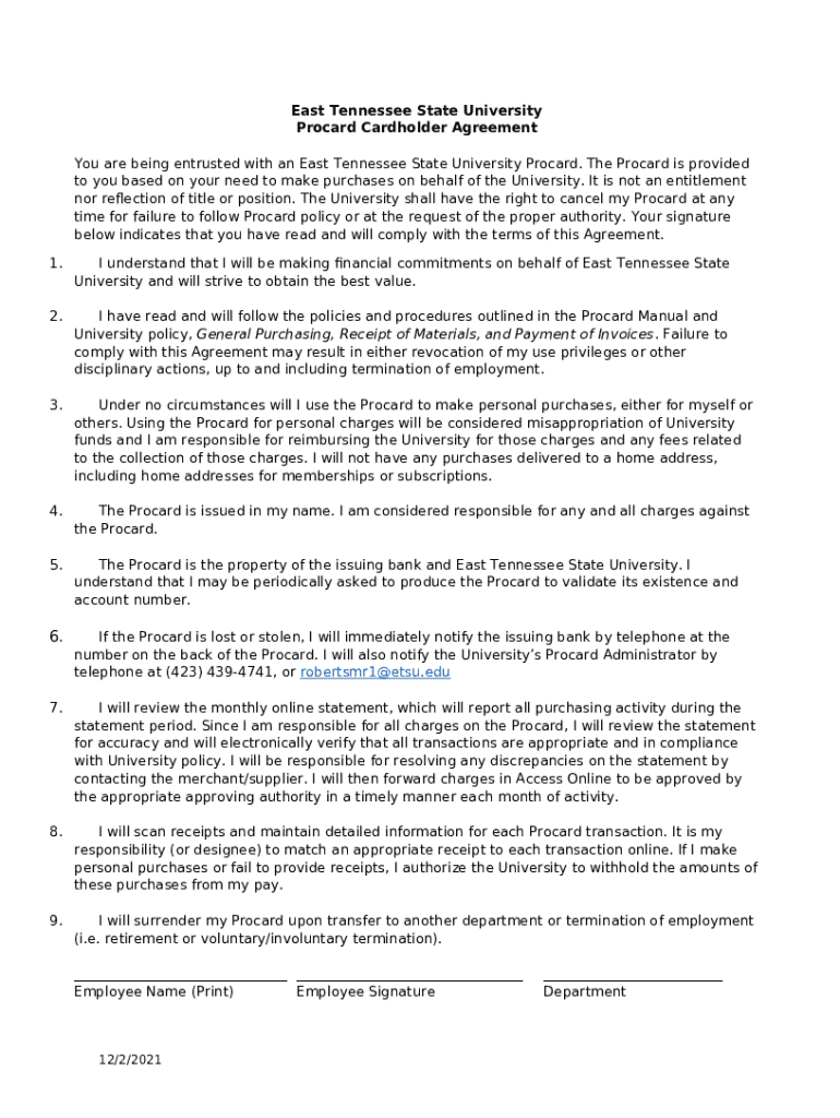 Procard Cardholder Agreement Doc Template | pdfFiller