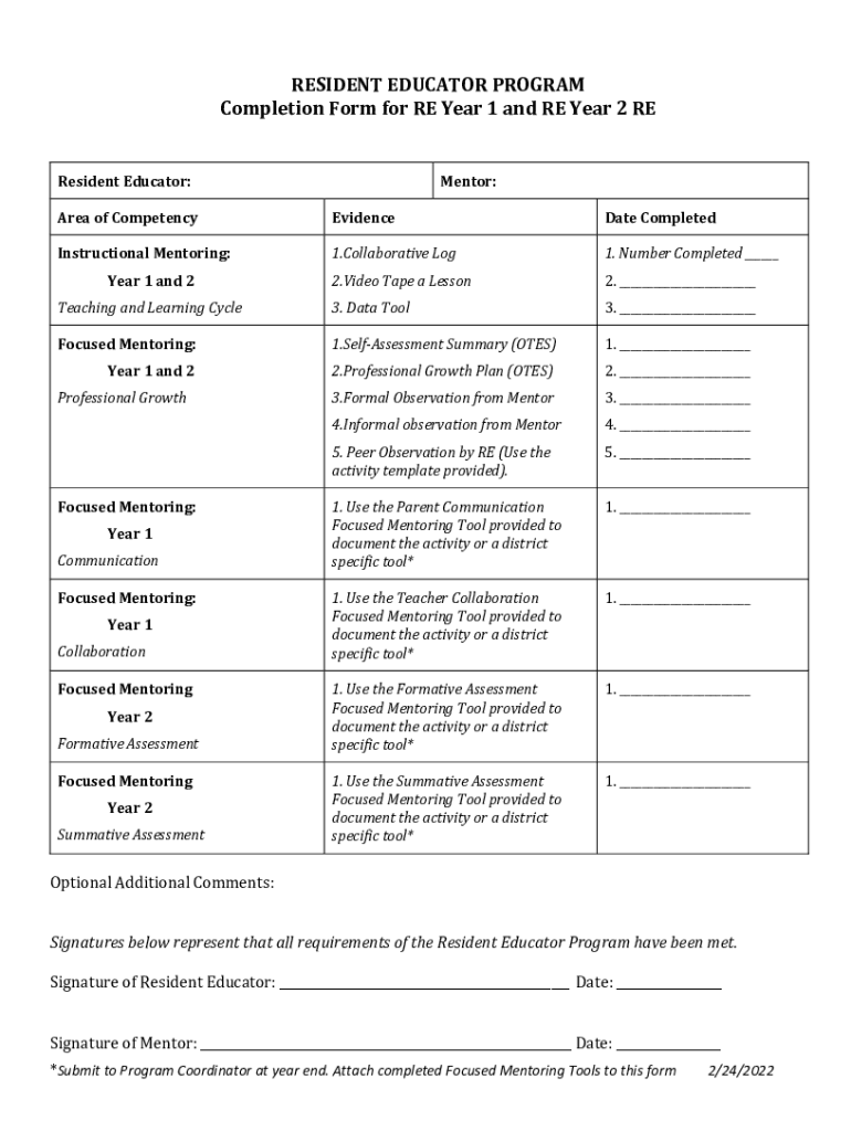 Fillable Online RESIDENT EDUCATOR PROGRAM Completion Form for RE Year 1 ...