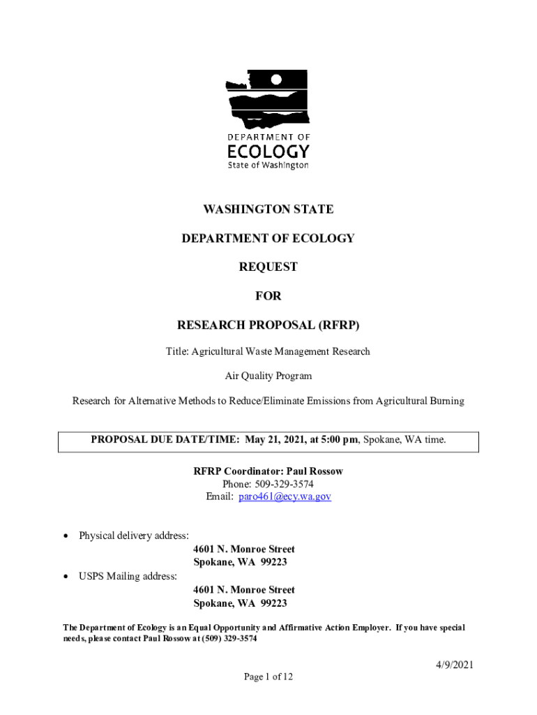 Fillable Online WASHINGTON STATE DEPARTMENT OF ECOLOGY REQUEST FOR ...