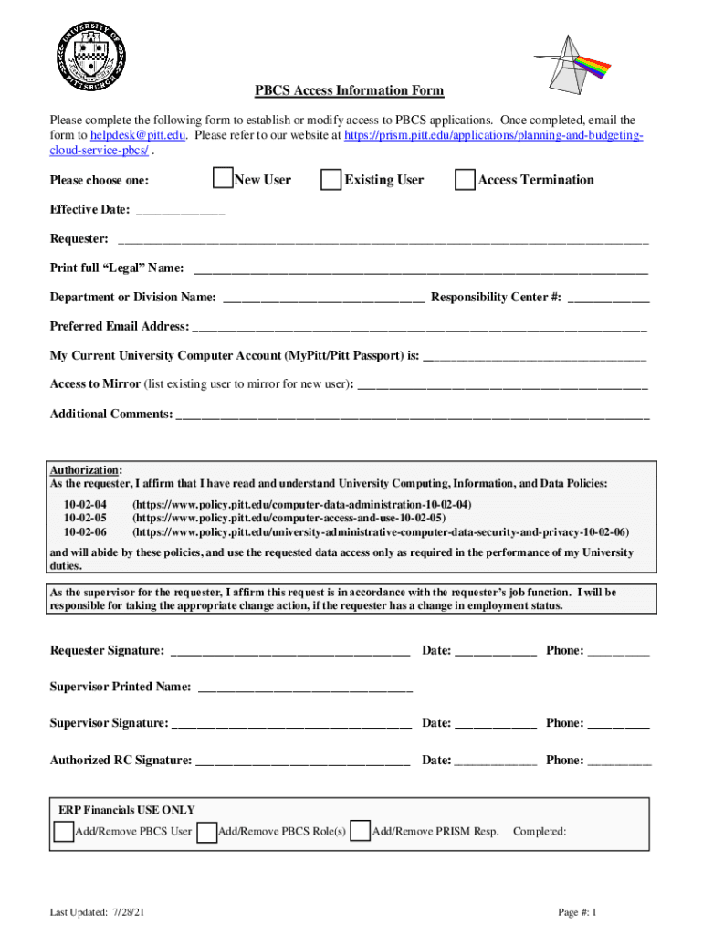 Fillable Online PRISM Project User Information Form - technology.pitt ...