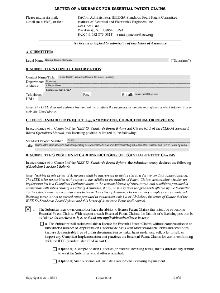 Fillable Online standards ieee LETTER OF ASSURANCE FOR ESSENTIAL PATENT CLAIMS PatCom ...