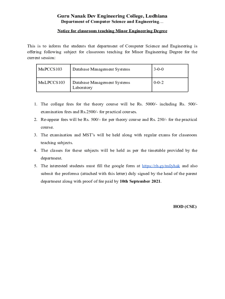 Fillable Online cse gndec ac Notice minor degree class room teaching Aug 2021.docx Fax Email ...