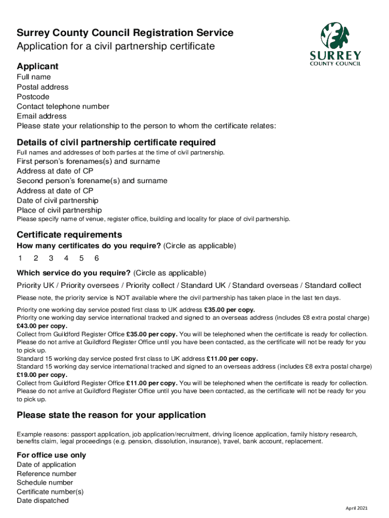 Fillable Online Application for civil partnership certificate. Form to ...