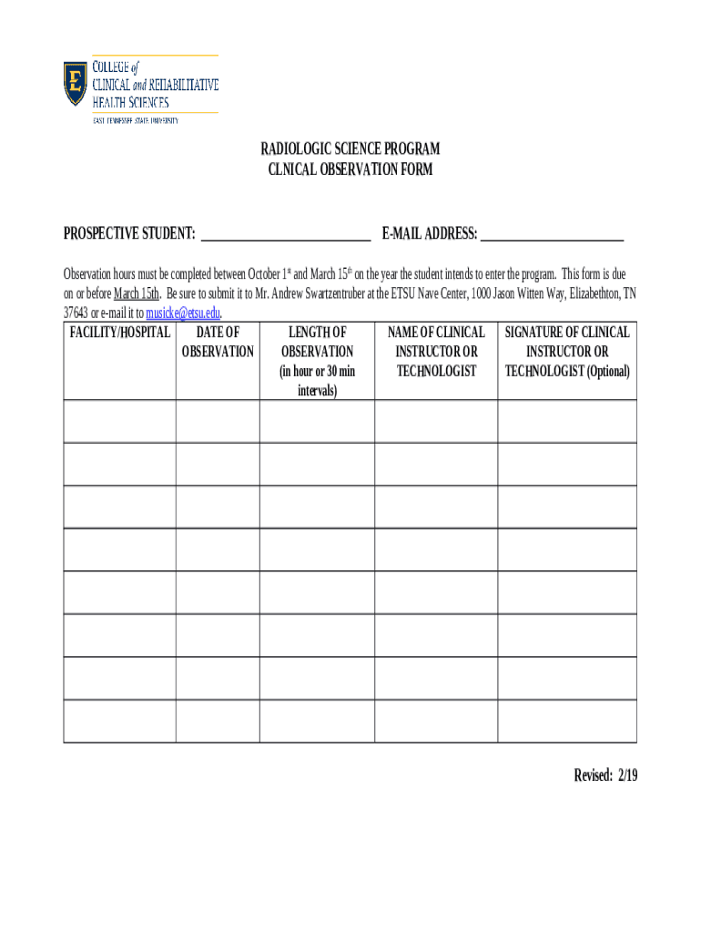 RADIOLOGIC SCIENCE PROGRAM CLNICAL OBSERVATION PROSPECTIVE STUDENT ... Doc Template | pdfFiller