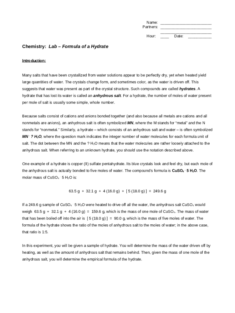 Hydrate Lab - Name Partners Hour Date Chemistry Lab ula... Doc Template ... Doc Template | pdfFiller