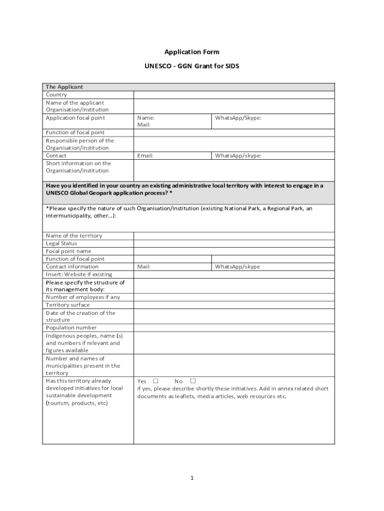 Fillable Online Application Form UNESCO - GGN Grant for SIDS Fax Email ...