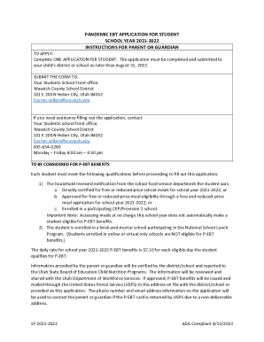 Fillable Online PANDEMIC EBT APPLICATION FOR STUDENT SCHOOL YEAR 2021 ...
