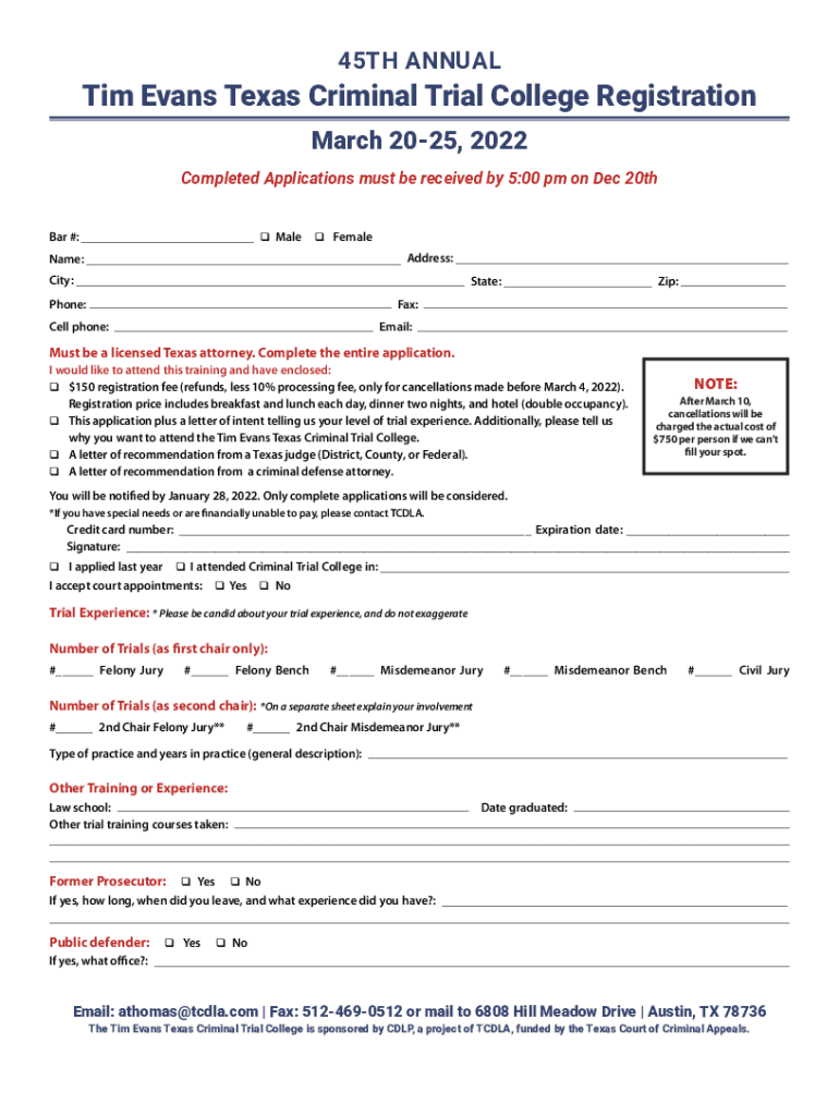 Fillable Online 45TH ANNUAL Tim Evans Texas Criminal Trial College Fax ...