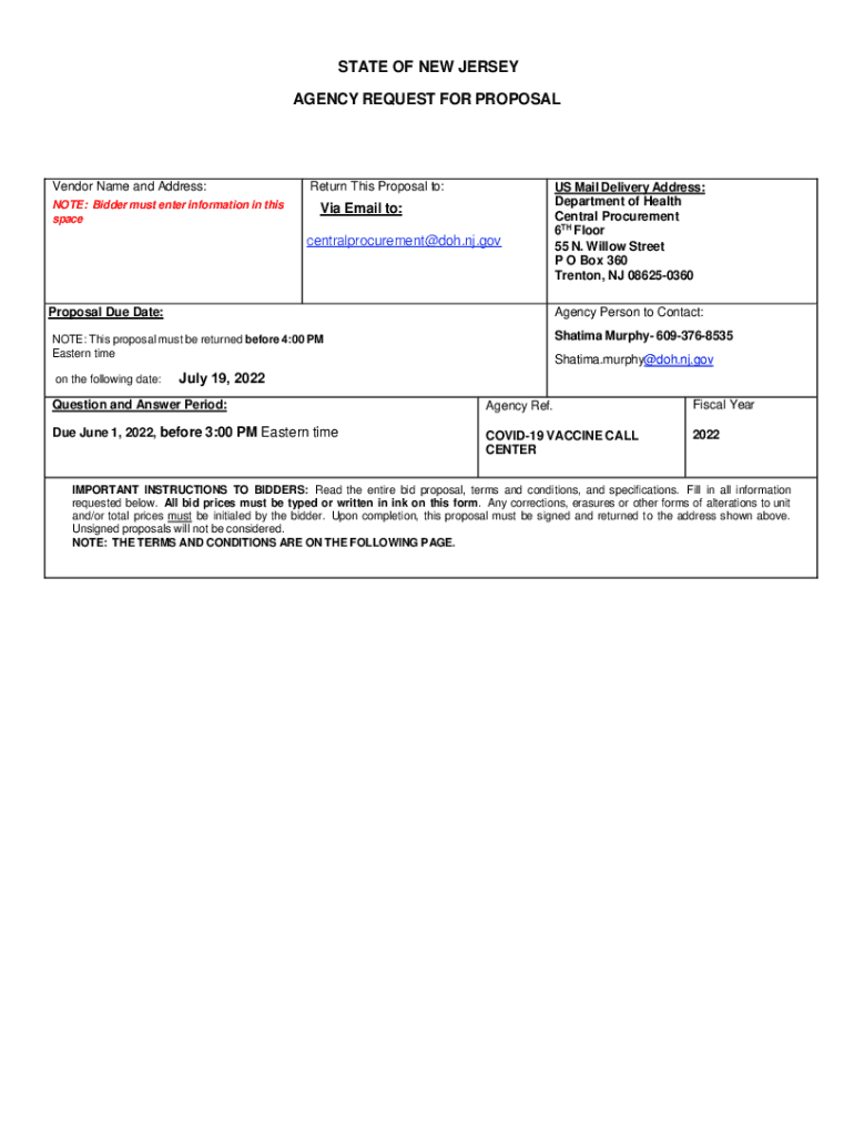 Fillable Online STATE OF NEW JERSEY AGENCY REQUEST FOR PROPOSAL ...