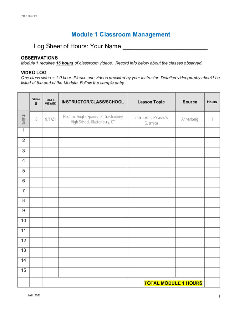 Fillable Online Module 1 Classroom Management Log Sheet of Hours Fax ...