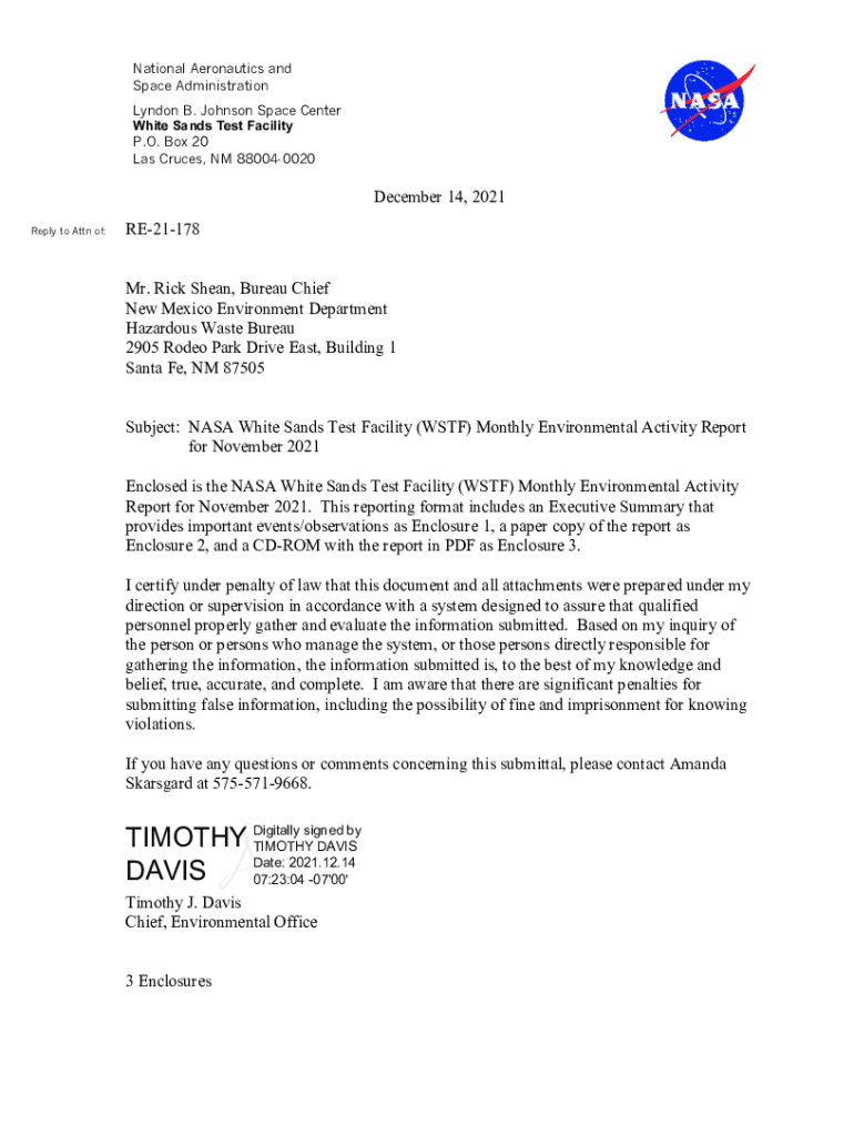 Fillable Online NASA White Sands Test Facility (WSTF) Monthly ...