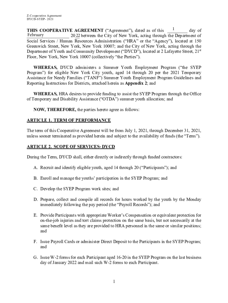 Fillable Online Cooperative-Agreement-DYCD-HRA-TANF-Funding-for-SYEP ...