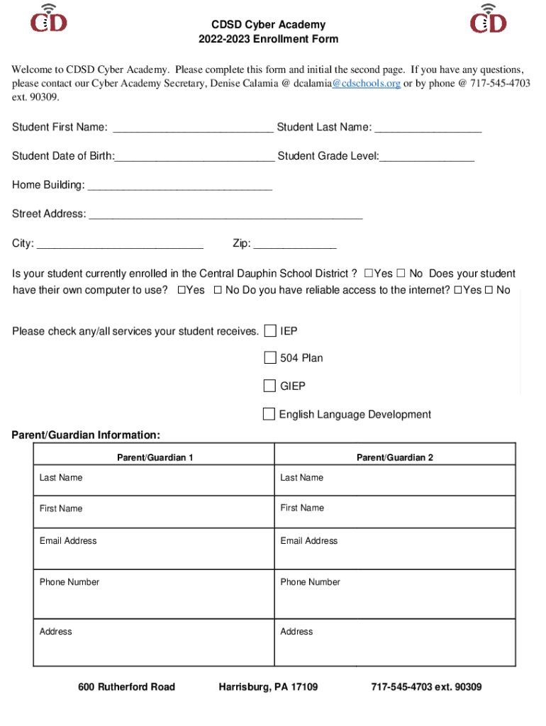 Fillable Online CDSD Cyber Academy 2022-2023 Enrollment Form - Central ...