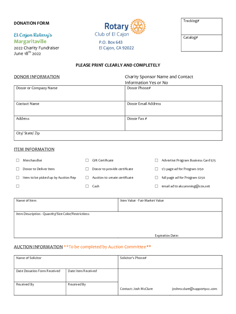 Fillable Online DONATION FORM - El Cajon Rotary's Margaritaville - NET ...