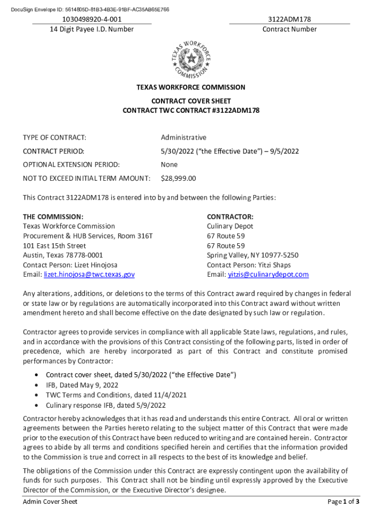 Fillable Online TEXAS WORKFORCE COMMISSION CONTRACT COVER SHEET ...