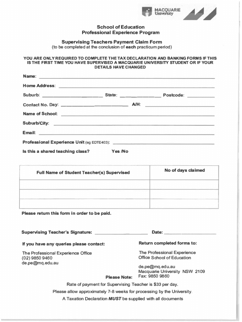 Fillable Online Payment Claim Form for Supervising Teacher - Tertiary ...