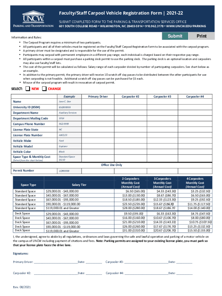 Fillable Online Faculty/Staff Carpool Vehicle Registration Form2021-22 ...