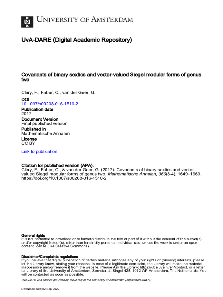 Fillable Online Pure Uva Covariants Of Binary Sextics And Vector Valued