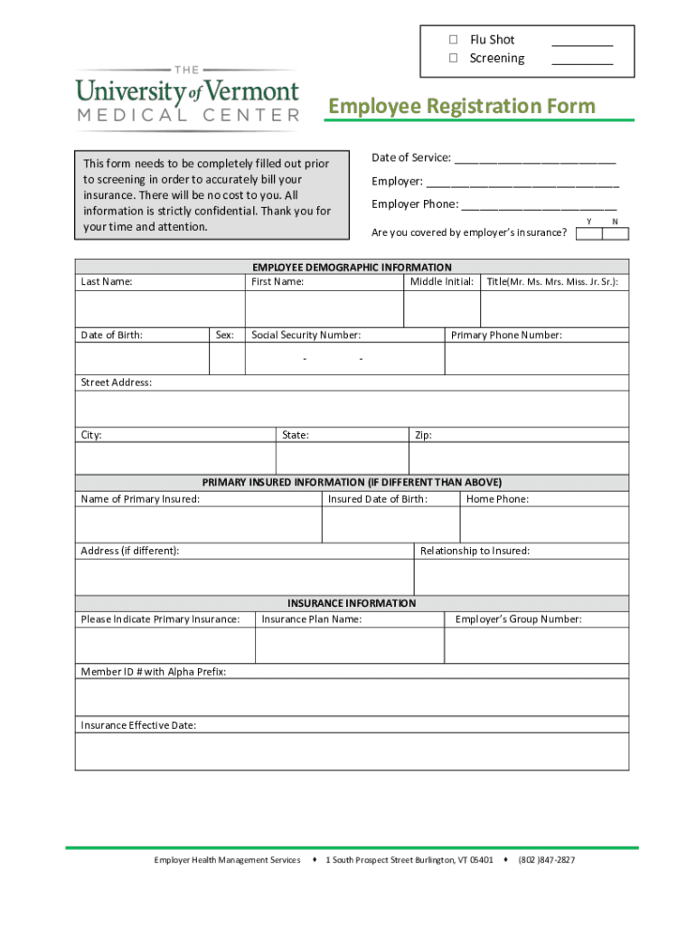 Fillable Online www.uvm.eduUVMMCScreeningformsEmployee Registration Form - University of Vermont ...