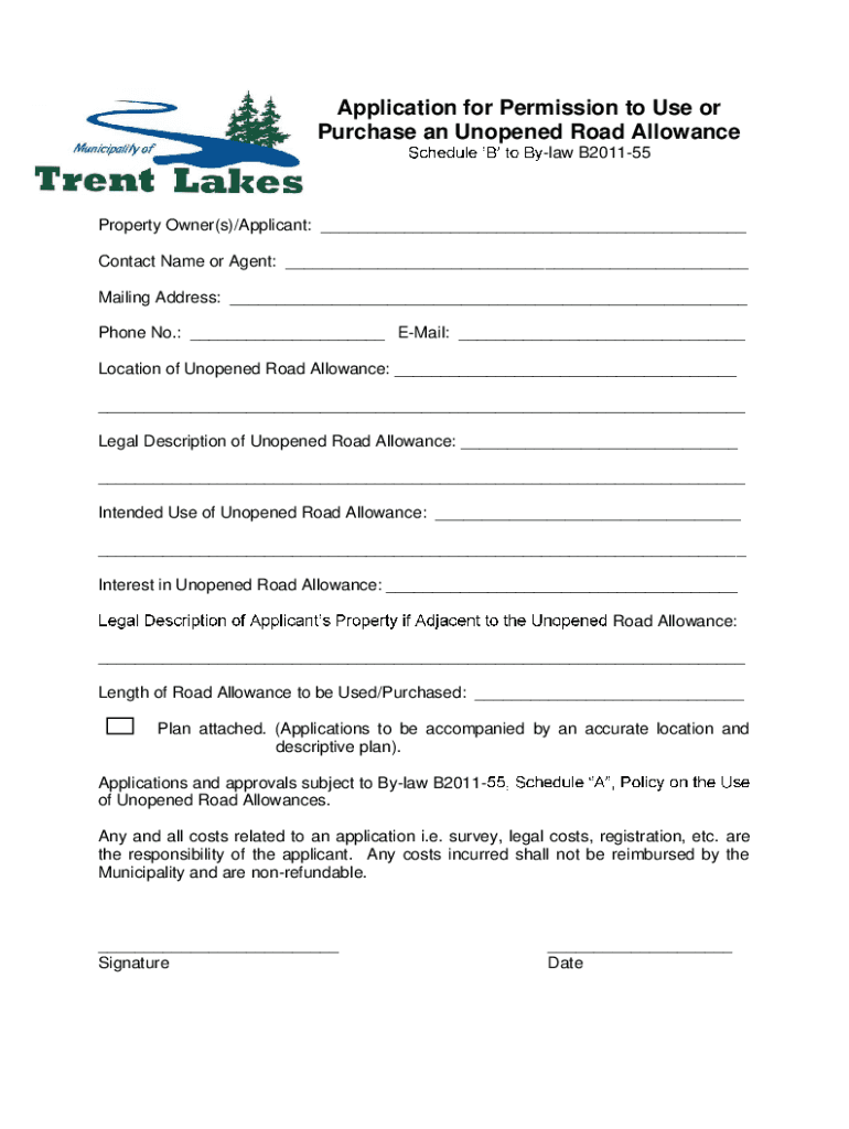 Fillable Online Application for Permission to use or purchase an unopened road allowance Fax ...