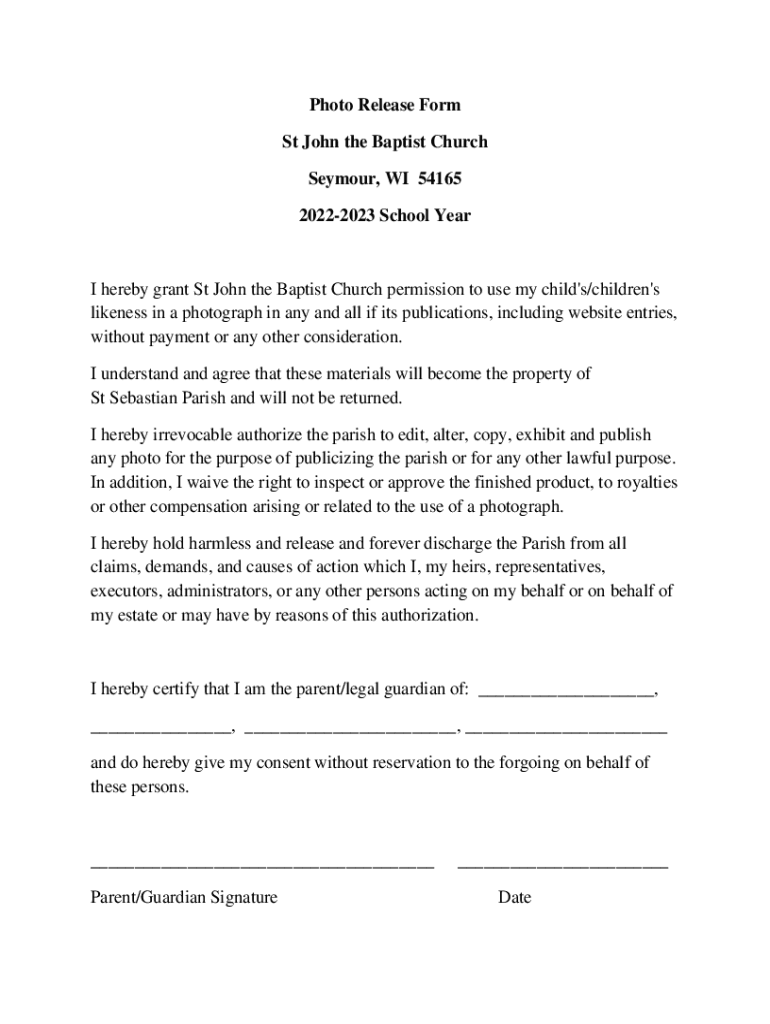 Fillable Online Photo Release Form St John the Baptist Church Seymour ...