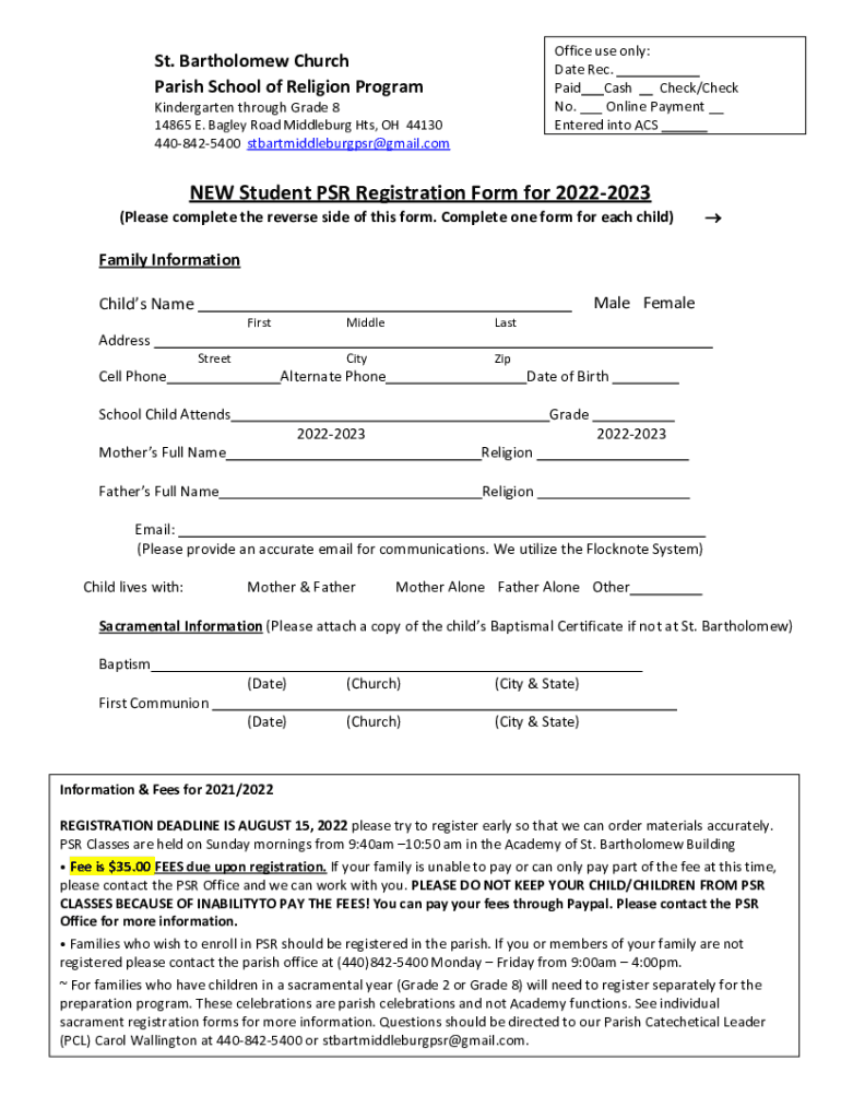Fillable Online NEW Student PSR Registration Form for 2022-2023 Fax ...