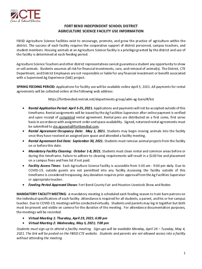 Fillable Online FORT BEND INDEPENDENT SCHOOL DISTRICT AGRICULTURE ...