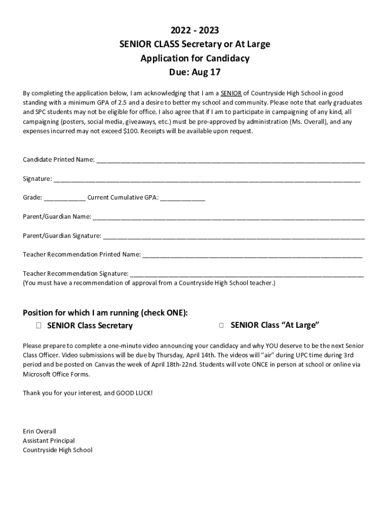 Fillable Online www.pcsb.orgcmslib2022 - 2023 SENIOR CLASS Secretary or ...