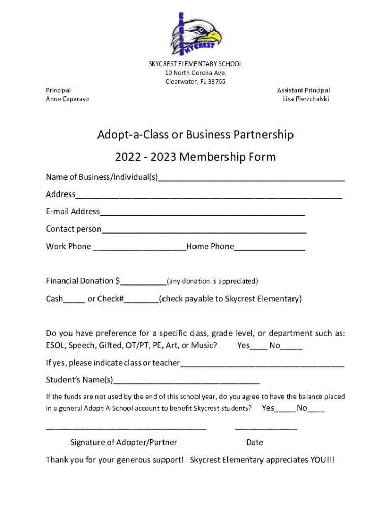 Fillable Online Adopt-a-Class or Business Partnership 2022 - 2023 Membership Form Fax Email ...