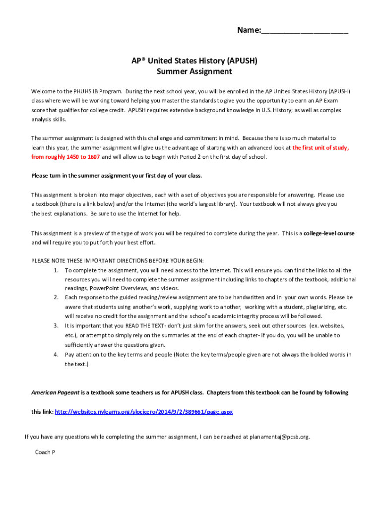 Fillable Online AP United States History (APUSH) Summer Assignment Fax ...