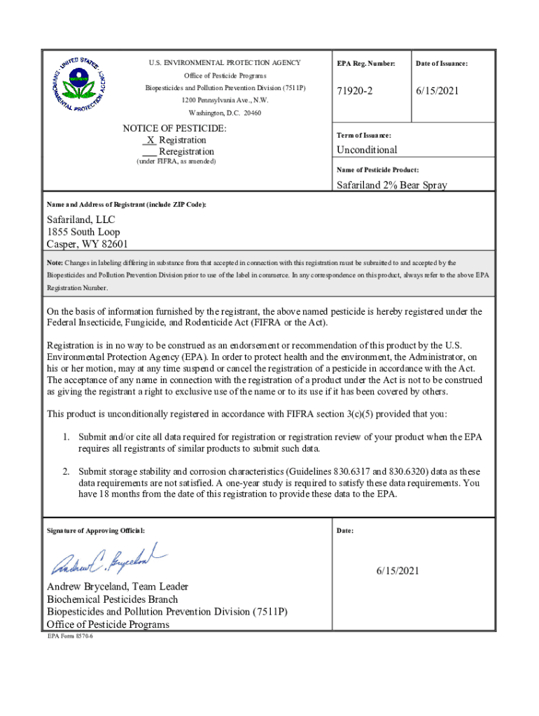 Fillable Online US EPA, Pesticide Product Label, Safariland 2% Bear ...