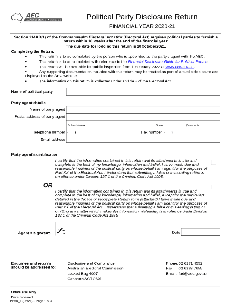 www.aec.gov.ausfilesPolitical Party Disclosure Return Doc Template | pdfFiller