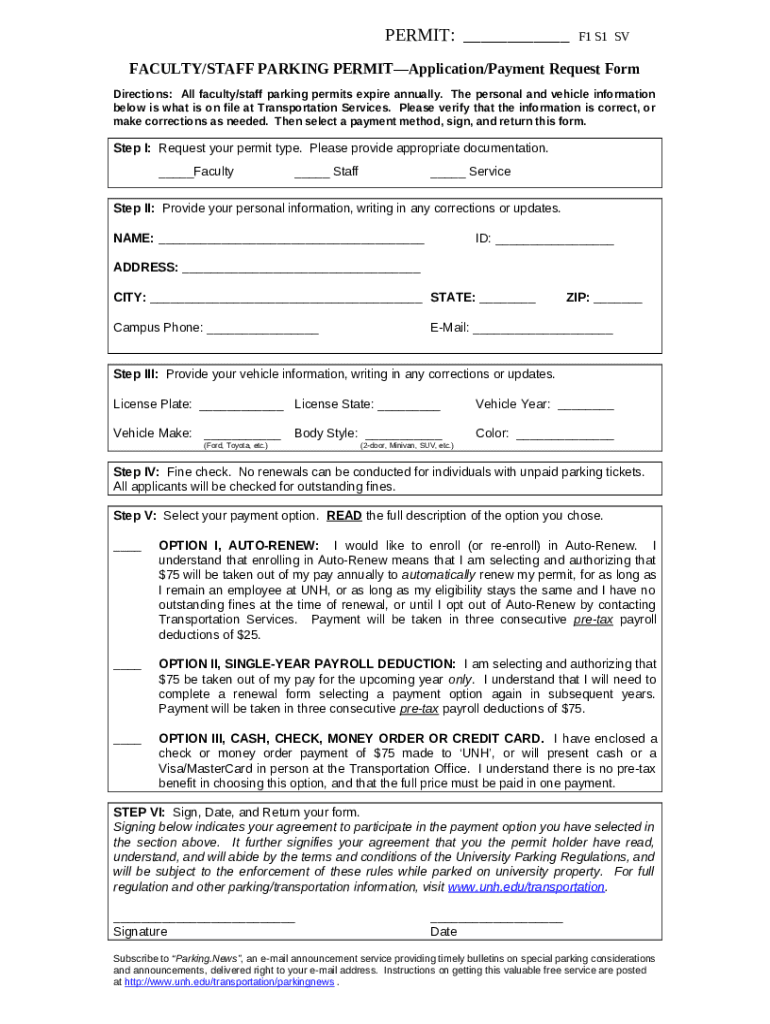 FACULTY/STAFF PARKING PERMITApplication/Payment Request Doc Template | pdfFiller