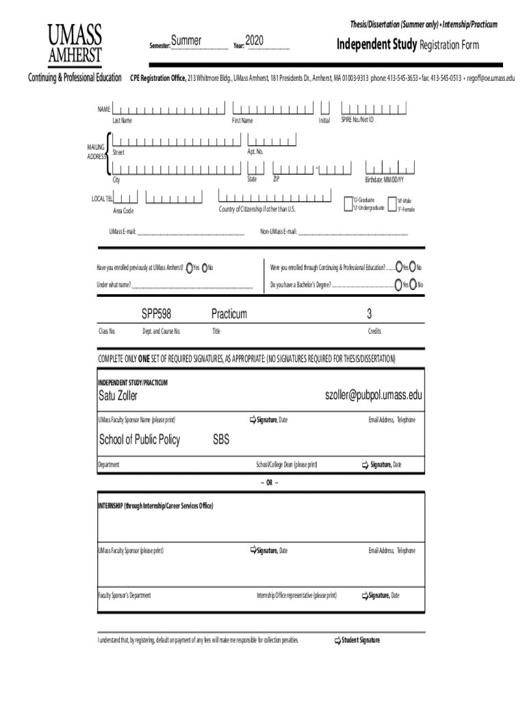 Fillable Online Independent Study Registration Form - UMass Amherst Fax Email Print - pdfFiller