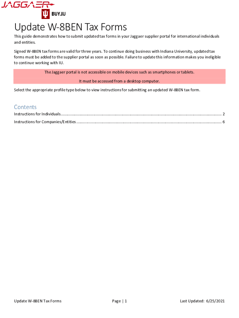 Fillable Online Update W-8BEN Tax Forms - IU Fax Email Print - pdfFiller