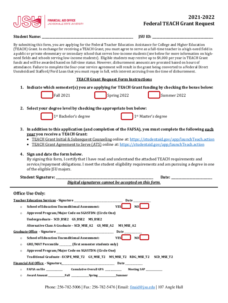 Fillable Online 2021-2022 Federal TEACH Grant Request - Jacksonville ...