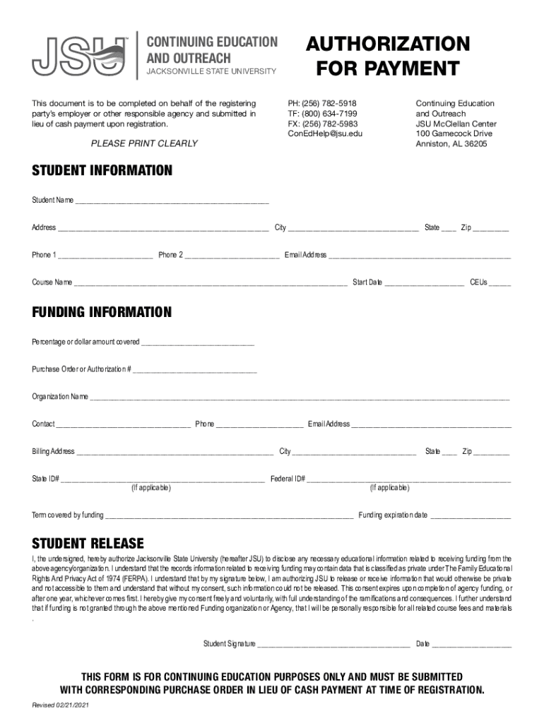 Fillable Online AND OUTREACH JACKSONVILLE STATE UNIVERSITY CONTINUING ... Fax Email Print ...