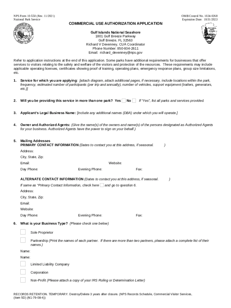 COMMERCIAL USE AUTHORIZATION APPLICATION - National Park Service Doc Template | pdfFiller