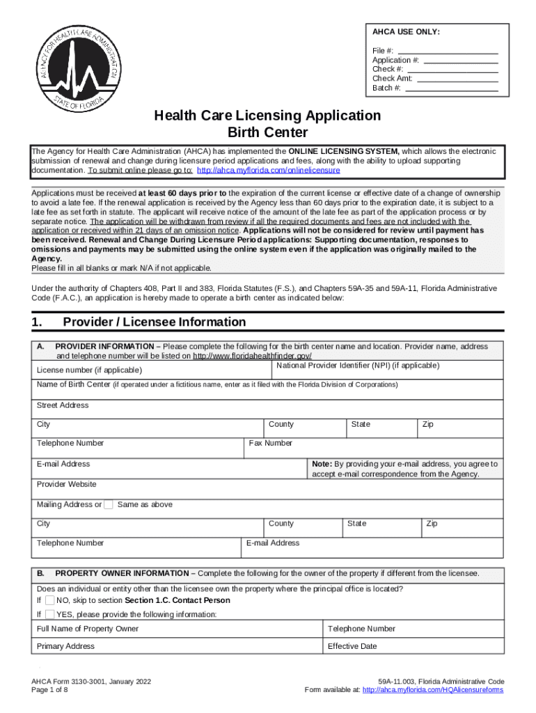 Health Care Licensing Application Birth Center - Florida Doc Template ...