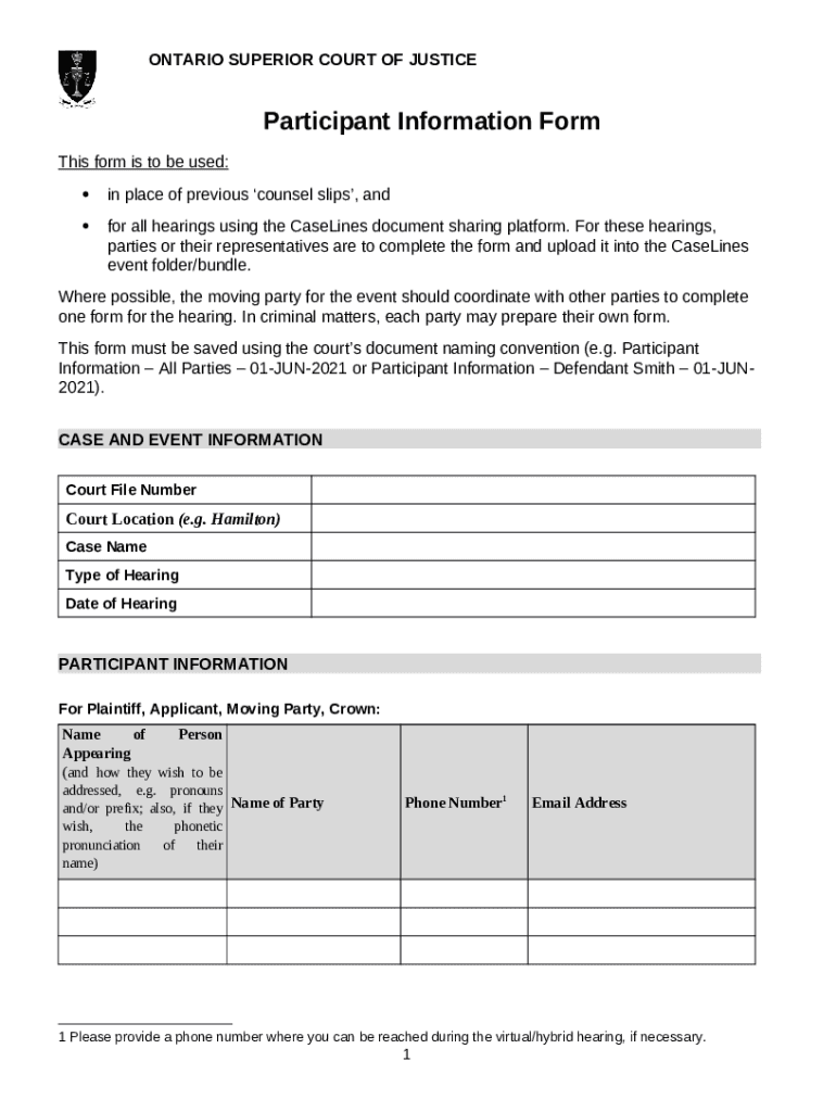 Participant Ination - Ontario Court s - ontariocourts on Doc Template | pdfFiller