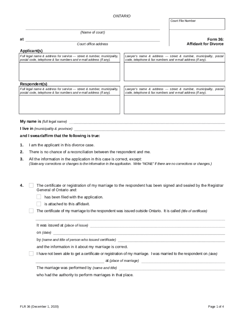 36: Affidavit for Divorce - Ontario Court s - ontariocourts on Doc Template | pdfFiller
